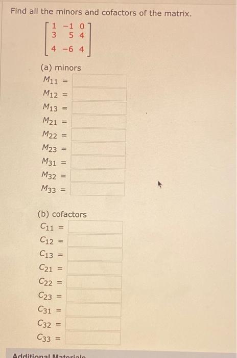 Solved Find all the minors and cofactors of the matrix. | Chegg.com