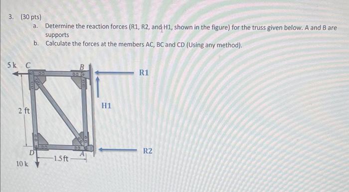 Solved 3. (30 pts) a. Determine the reaction forces (R1, R2, | Chegg.com