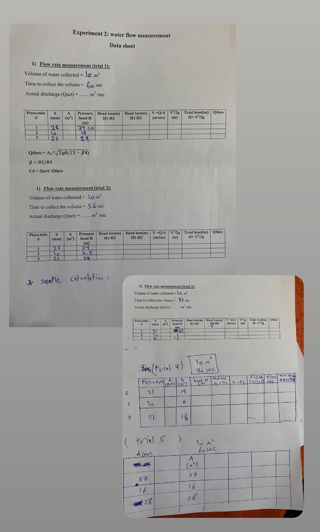 Solved Experiment 2: water flow measurement Data sheet = 1) | Chegg.com