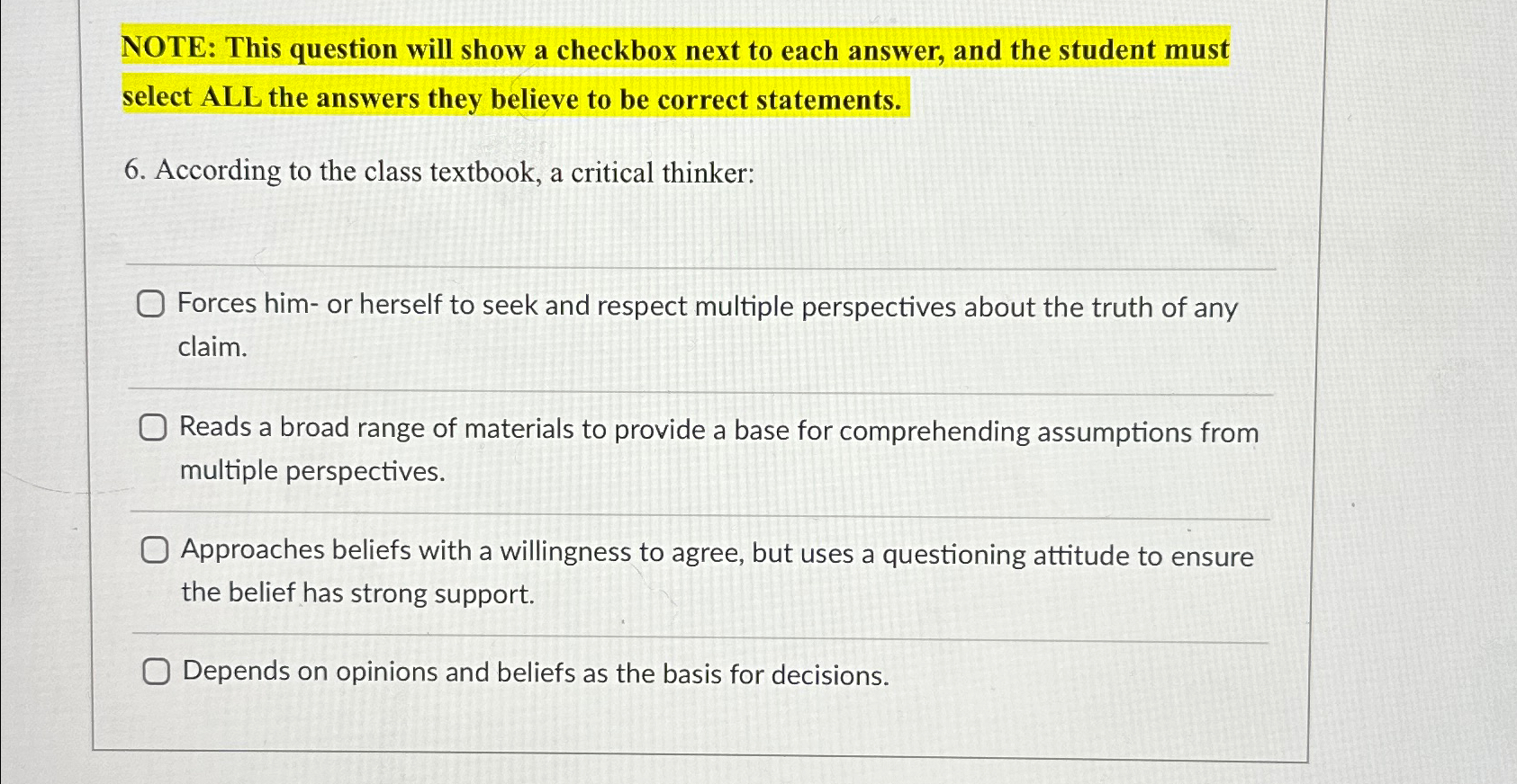 Solved NOTE: This question will show a checkbox next to each | Chegg.com