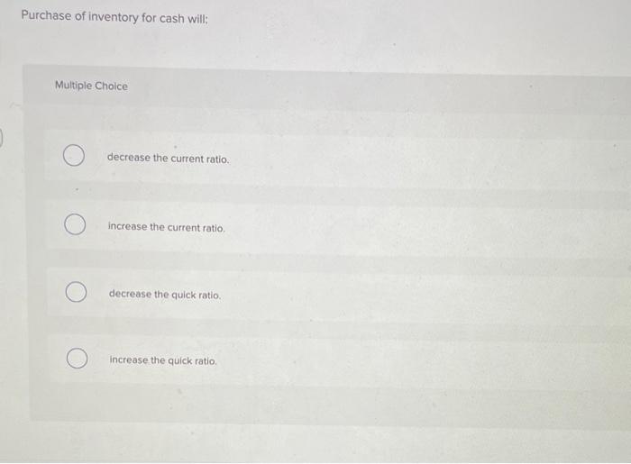 Solved Purchase of inventory for cash will: Multiple Choice | Chegg.com