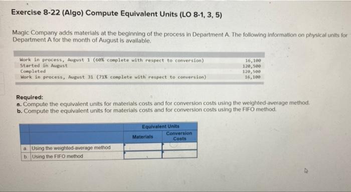 Solved Exercise 8-22 (Algo) Compute Equivalent Units (LO | Chegg.com