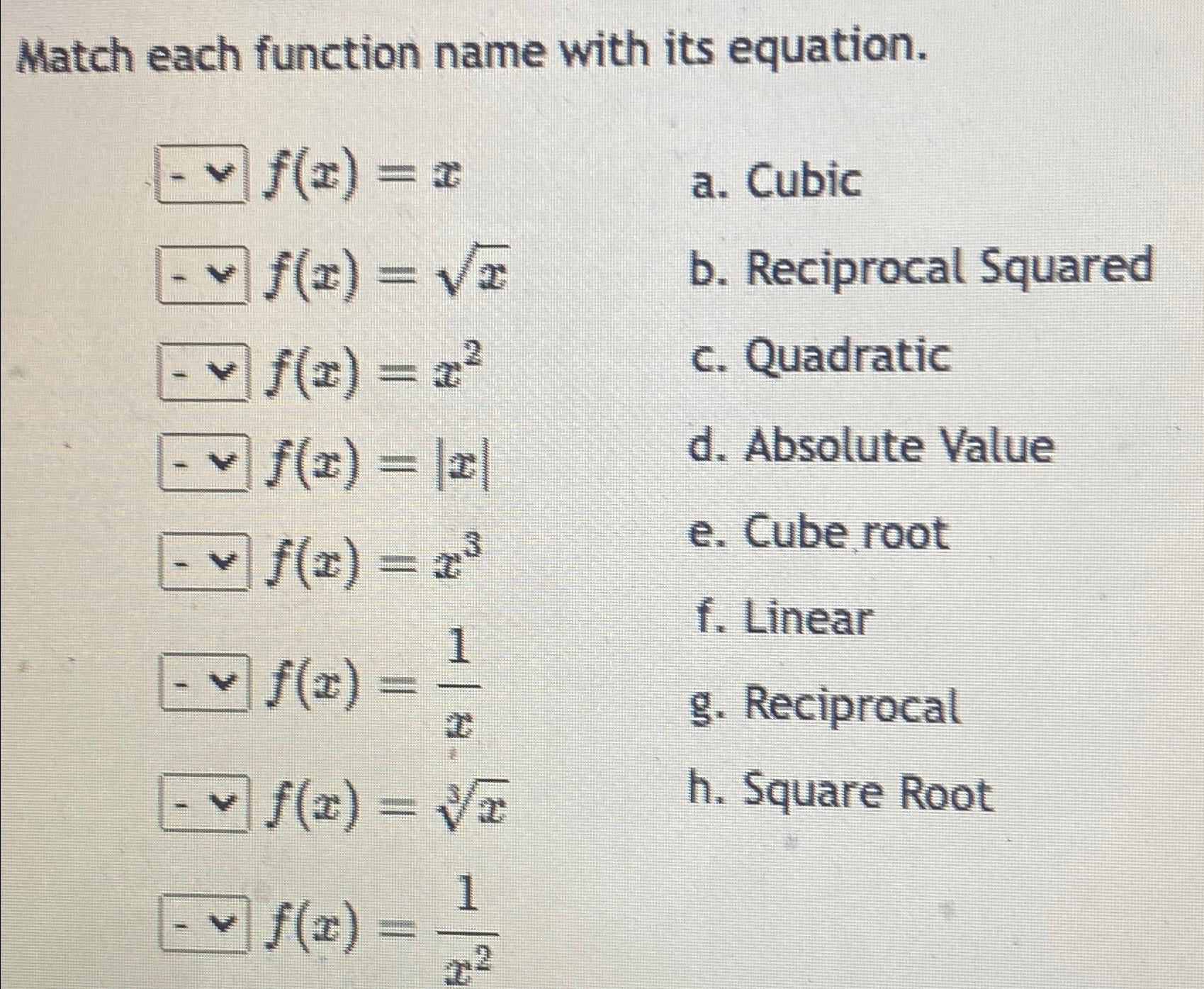 Solved Match each function name with its equation.f(x)=xa. | Chegg.com