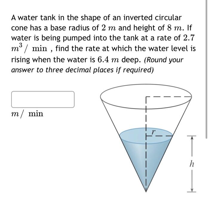 Solved A water tank in the shape of an inverted circular | Chegg.com