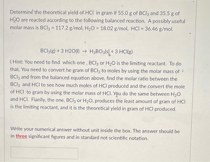 Solved Determine the theoretical yield of HCl in gram if | Chegg.com