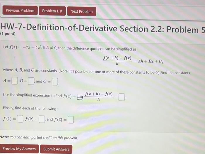 Solved HW-7-Definition-of-Derivative Section 2.2: Problem (1 | Chegg.com