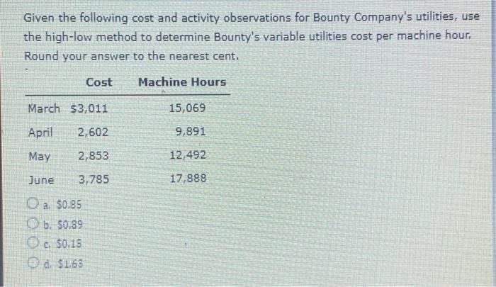 Solved Given the following cost and activity observations | Chegg.com