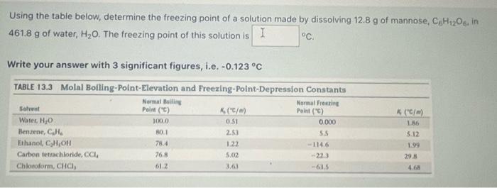 Solved Using the table below, determine the freezing point | Chegg.com
