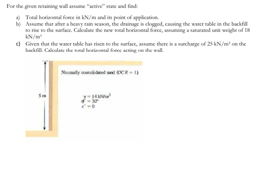 Solved For the given retaining wall assume "active" state | Chegg.com