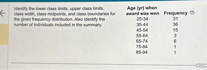Solved ← Identify the lower class limits, upper class | Chegg.com