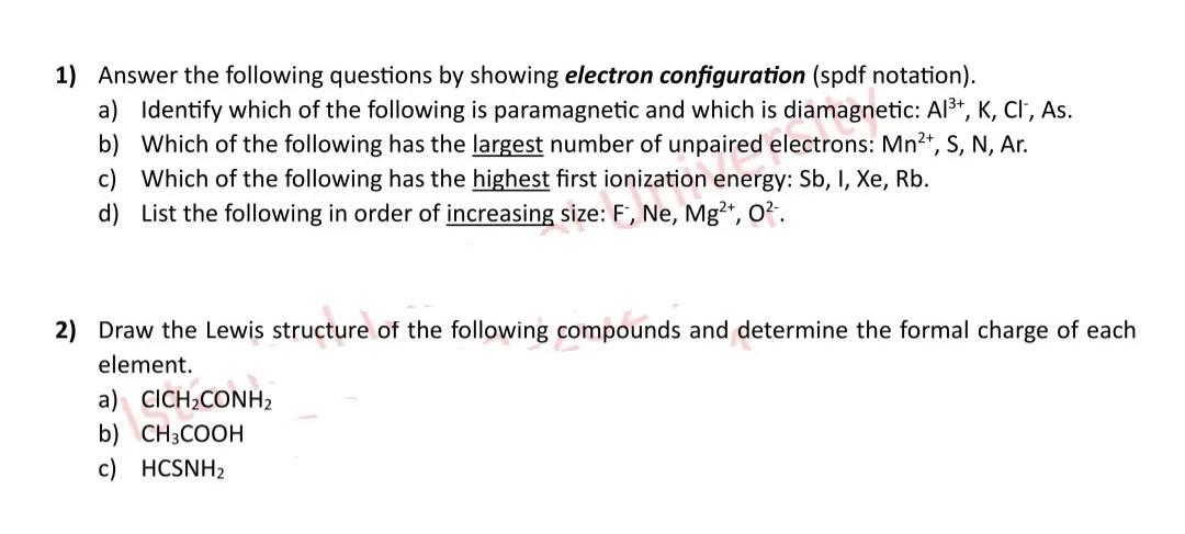 Solved 1) Answer the following questions by showing electron | Chegg.com