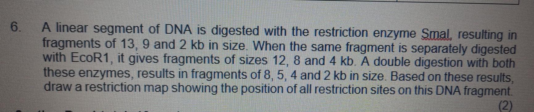 Solved 6. A linear segment of DNA is digested with the | Chegg.com