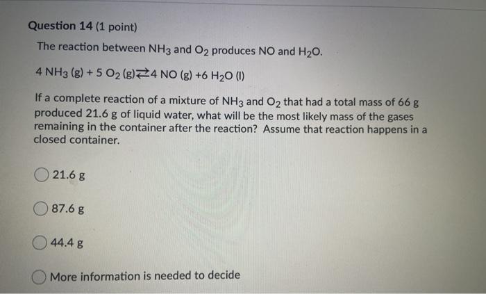 Solved Question 14 (1 point) The reaction between NH3 and O2 | Chegg.com