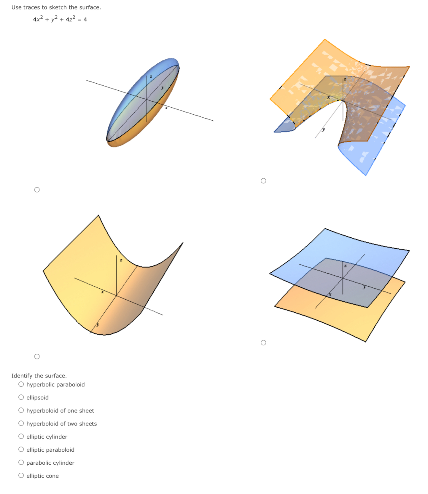Solved Use traces to sketch the surface.4x2+y2+4z2=4Identify | Chegg.com
