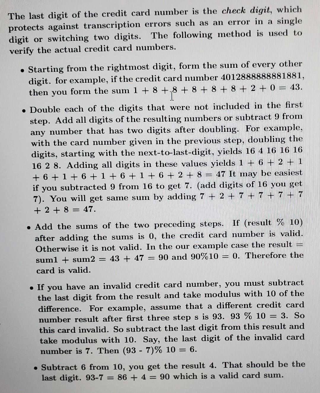 Solved e last digit of the credit card number is the check | Chegg.com