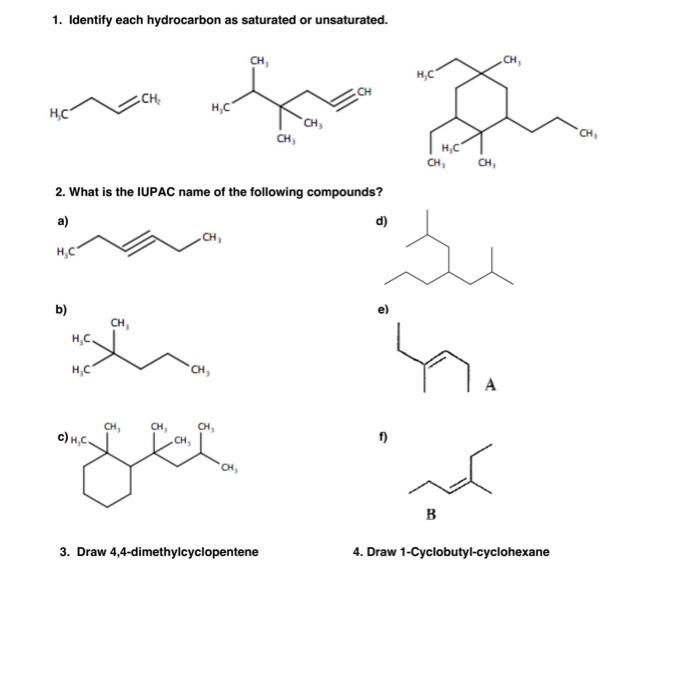 Solved 1. Identify each hydrocarbon as saturated or | Chegg.com