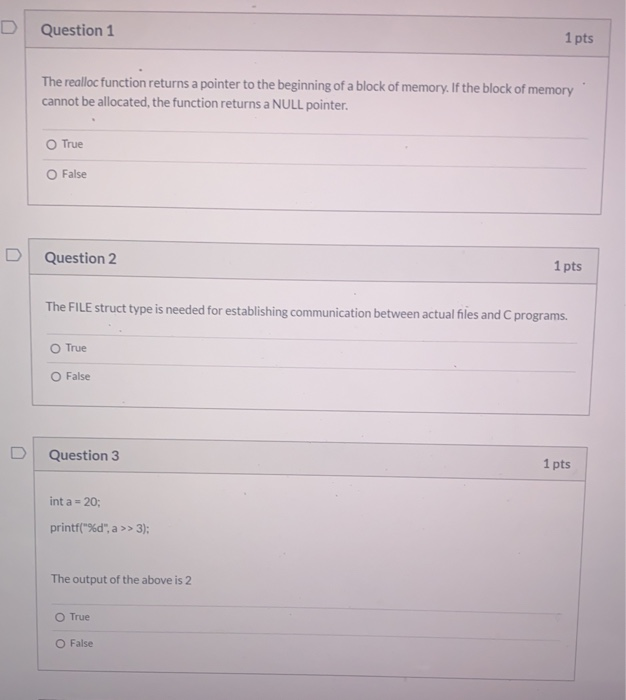 Solved Question 1 1 pts The realloc function returns a | Chegg.com