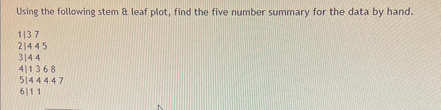 Solved Using the following stem a leaf plot, find the five | Chegg.com