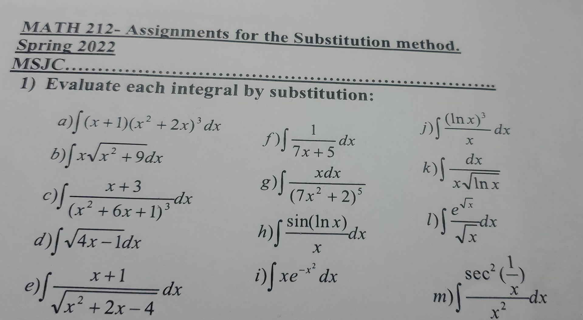 Solved MATH 212- Assignments for the Substitution method. | Chegg.com