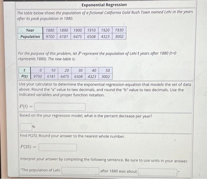 Solved Exponential Regression The table below shows the | Chegg.com