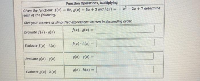 Solved Function Operations, Multiplying Given the functions: | Chegg.com