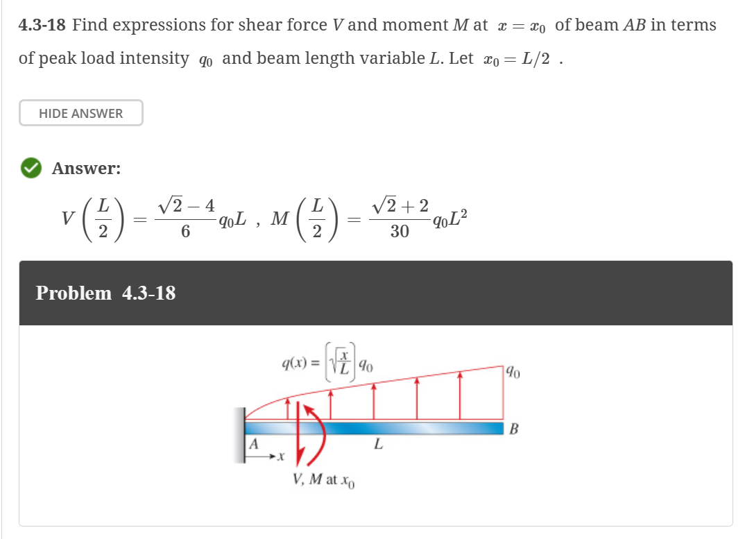 Solved 4.3-18 ﻿Find expressions for shear force V ﻿and | Chegg.com