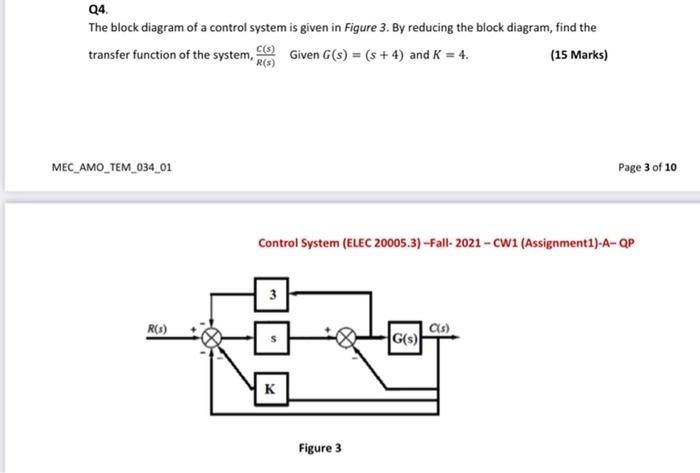 Solved Q4. The block diagram of a control system is given in | Chegg.com