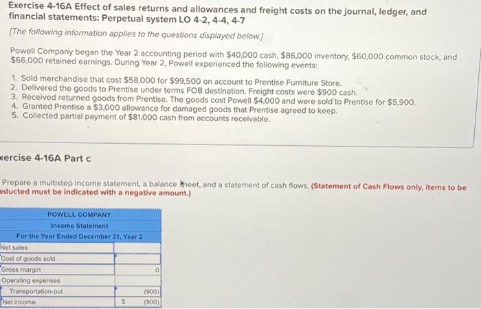 Solved Exercise 4-16A Effect of sales returns and allowances | Chegg.com