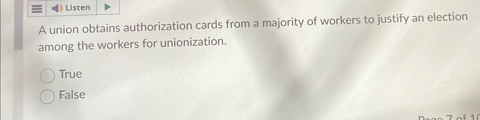 Solved A union obtains authorization cards from a majority | Chegg.com