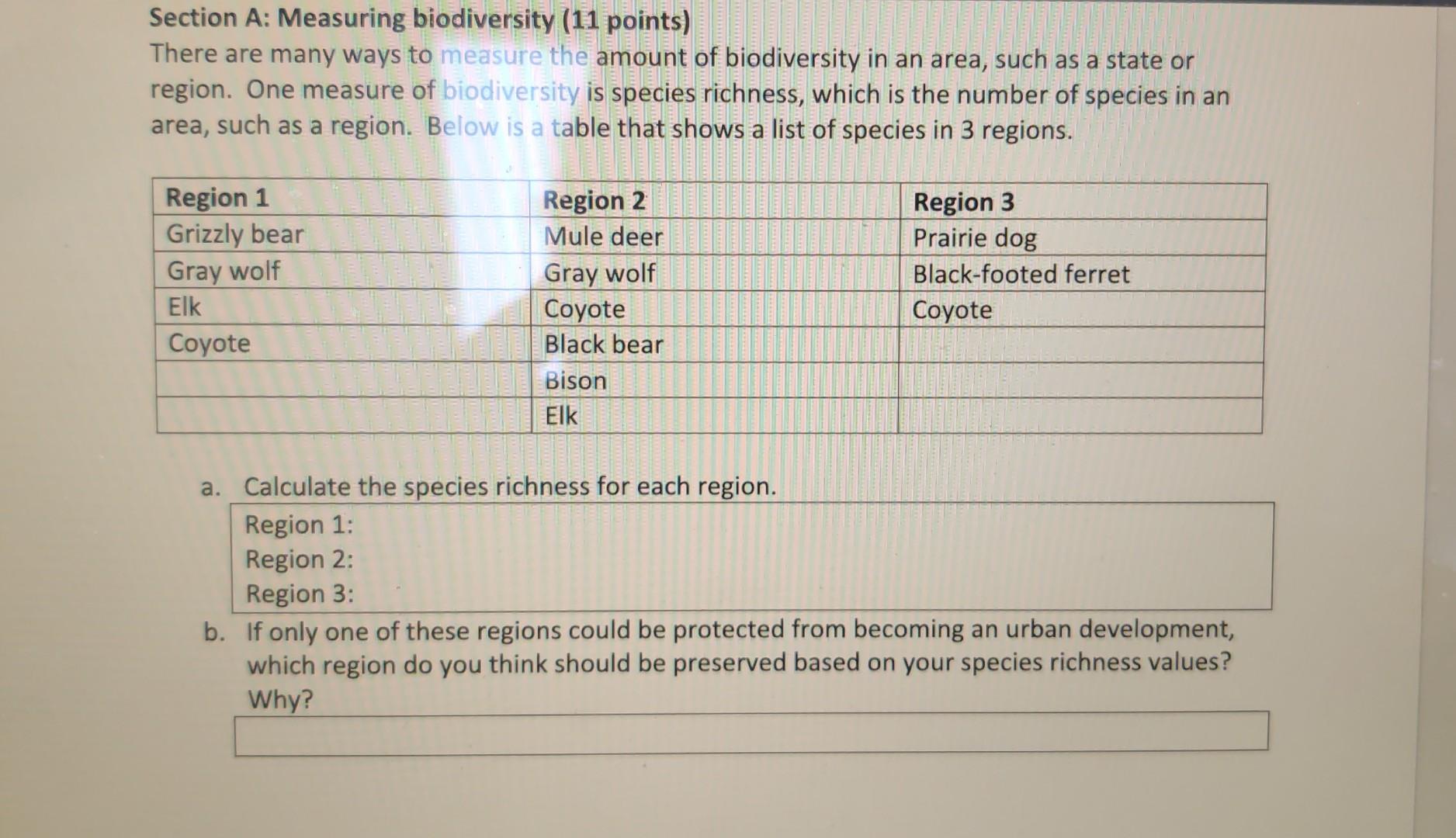 Section A: Measuring biodiversity (11 points) There | Chegg.com