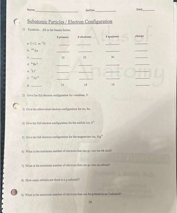 Solved Name Section Date Subatomic Particles / Electron | Chegg.com
