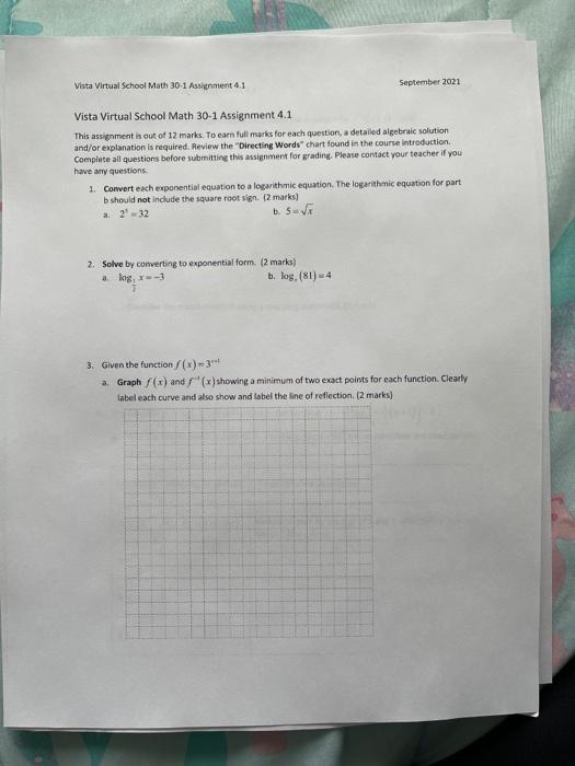 Solved Vista Virtual School Math 30-1 Assignment 4.1 | Chegg.com
