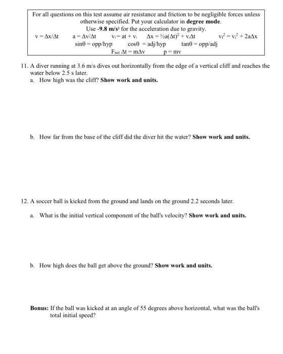 Solved For all questions on this test assume air resistance | Chegg.com