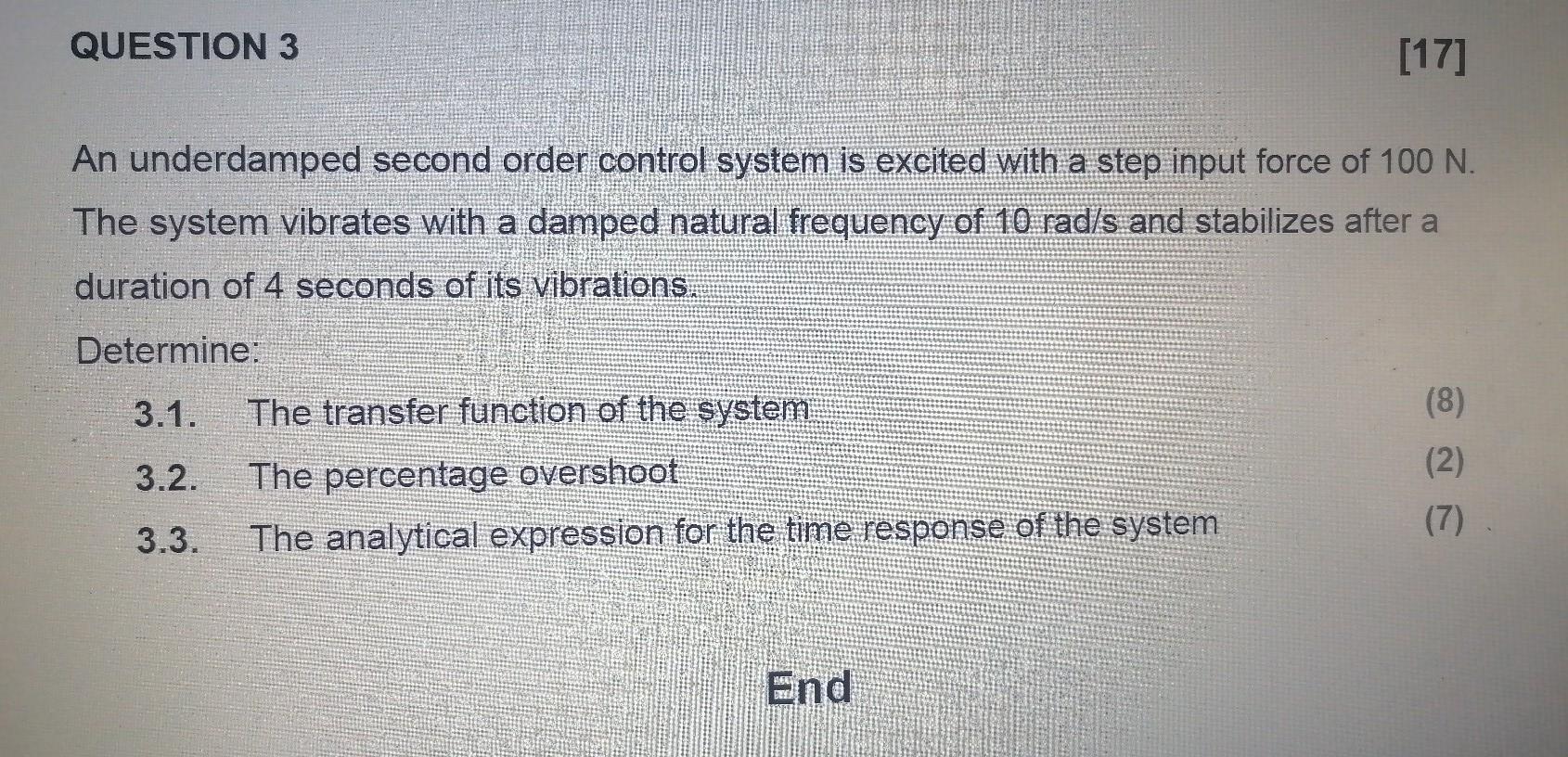 Solved QUESTION 3 [17] An underdamped second order control | Chegg.com