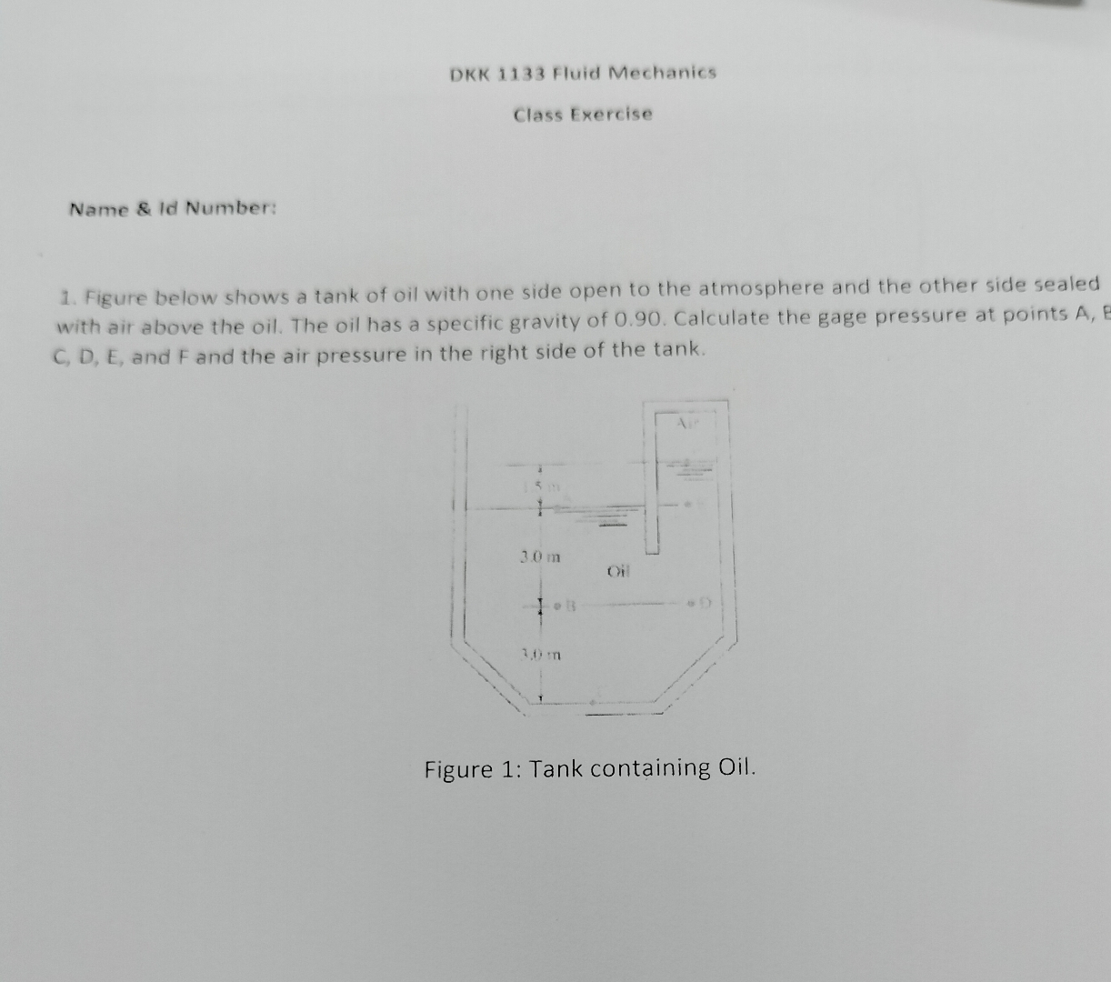 Solved DKK 1133 ﻿Fluid MechanicsClass ExerciseName & Id | Chegg.com