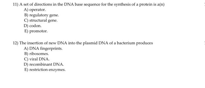 Solved 11) A set of directions in the DNA base sequence for | Chegg.com