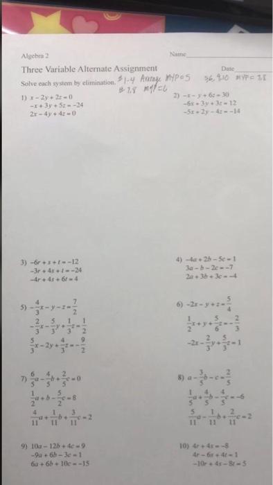Solved Algebra 2 Name Three Variable Alternate Assignment | Chegg.com