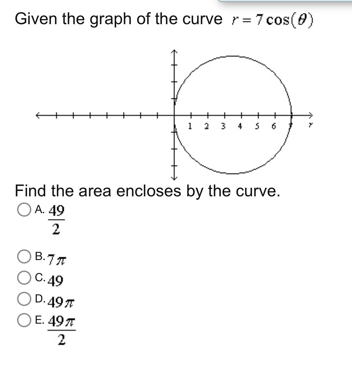 Given the graph of the curve r=7cos(θ)Find the area | Chegg.com