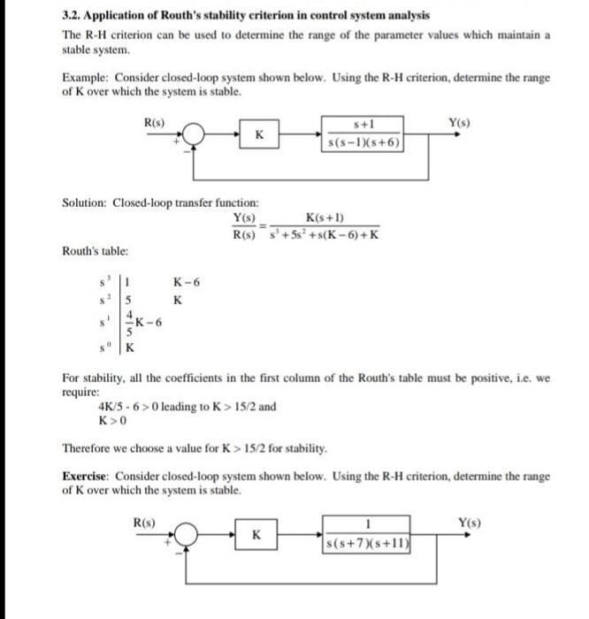 Solved 3.2. Application of Routh's stability criterion in | Chegg.com