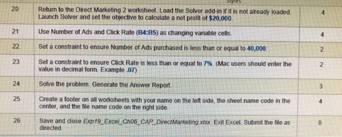 Styles 20 Return to the Direct Marketing 2 worksheet. | Chegg.com