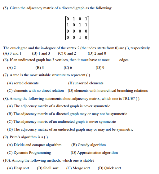 Solved (5). Given the adjacency matrix of a directed graph | Chegg.com