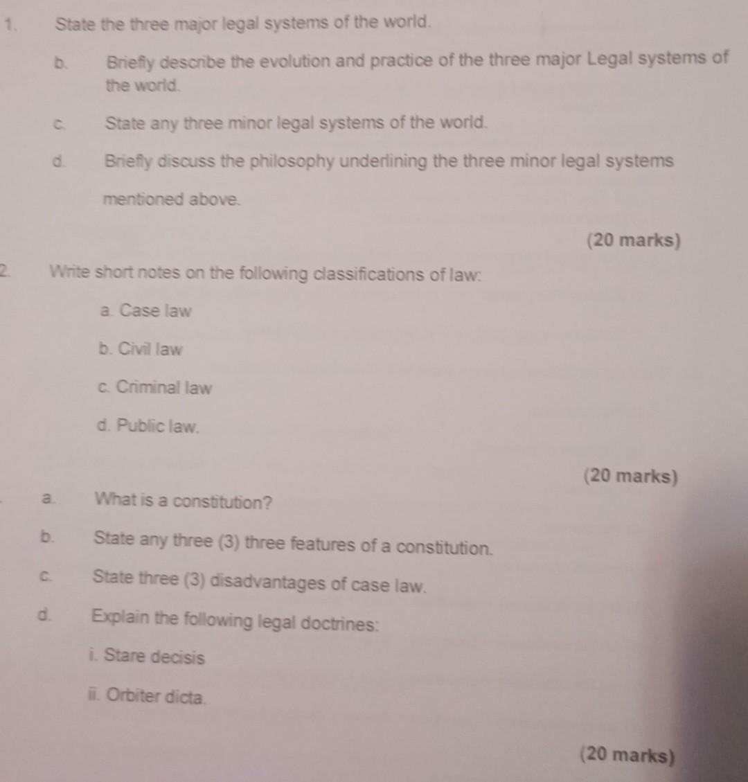 State the three major legal systems of the world. b. | Chegg.com