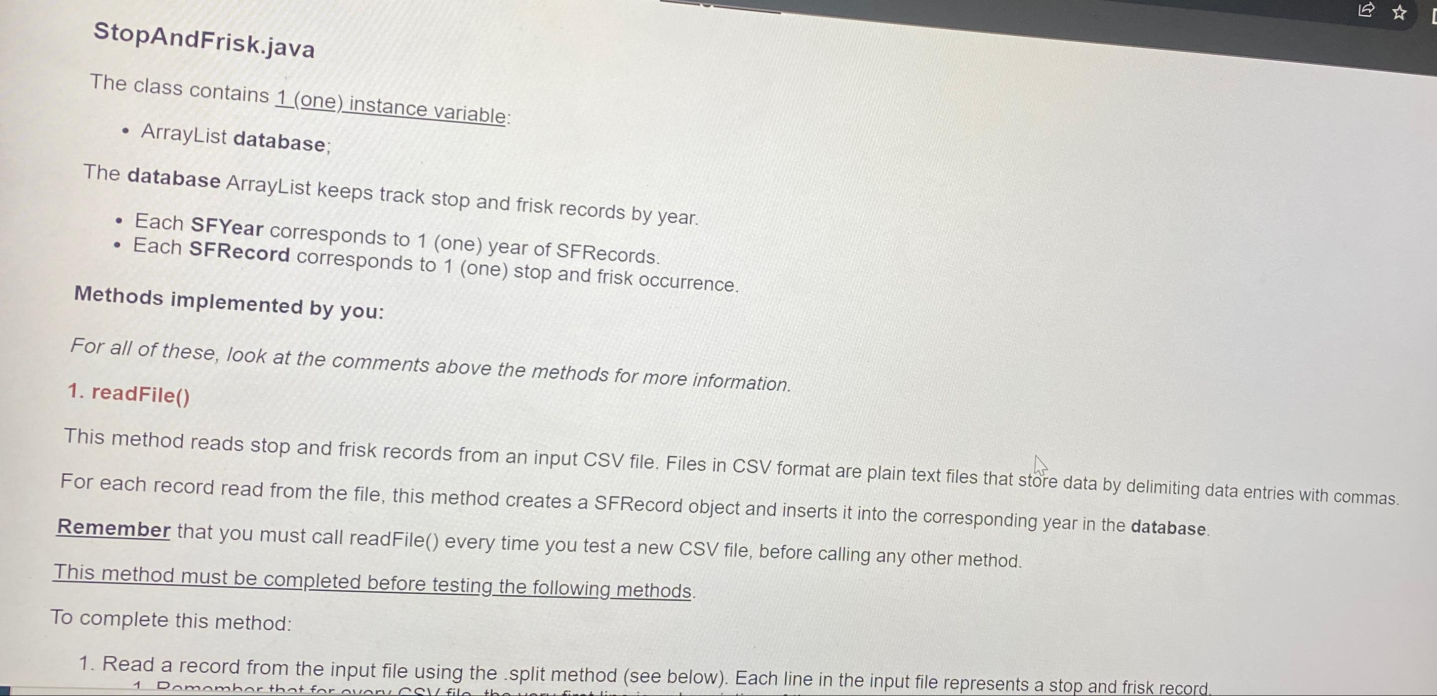 Solved StopAndFrisk.javaThe class contains 1 (one) ﻿instance | Chegg.com