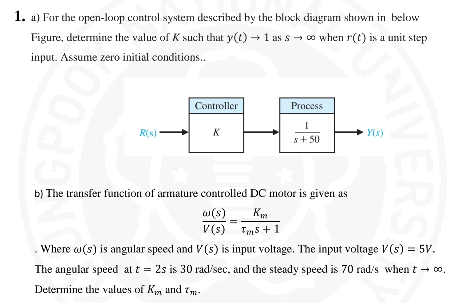 Solved a) ﻿For the open-loop control system described by the | Chegg.com