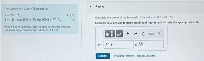 Solved The curent in a 200mH inductor is i=75 | Chegg.com