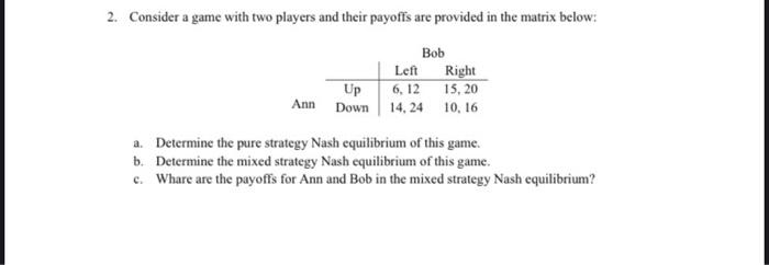 Solved 2. Consider a game with two players and their payoffs | Chegg.com