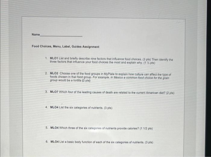 Solved Food Choices, Menu, Label, Guides Assignment 1. MLo1 | Chegg.com
