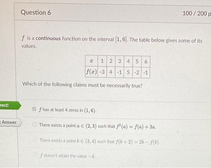 Solved f is a continuous function on the interval [1,6]. The | Chegg.com