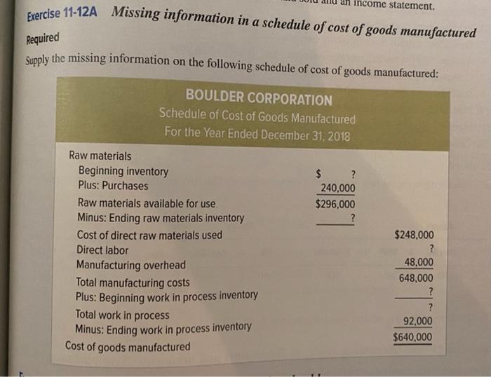 Solved income statement. Exercise 11-12A Missing information | Chegg.com
