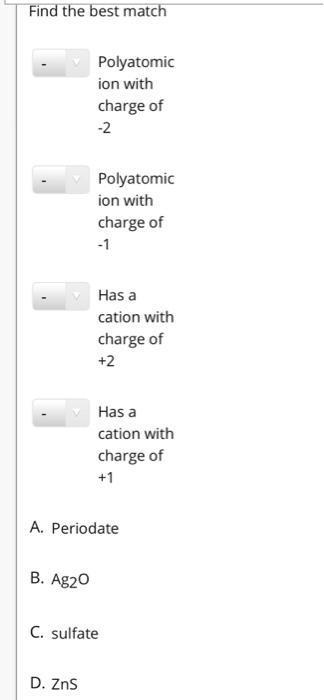 Solved Find the best match Polyatomic ion with charge of -2 | Chegg.com